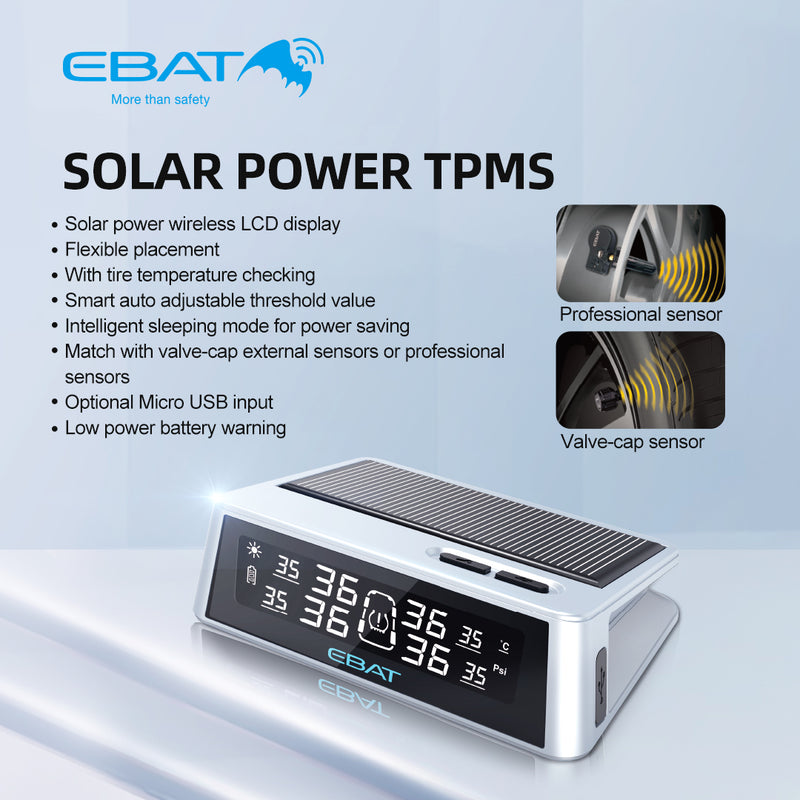 EBAT Steelmate Solar Powered TPMS Tire Pressure and Temp Monitoring Se